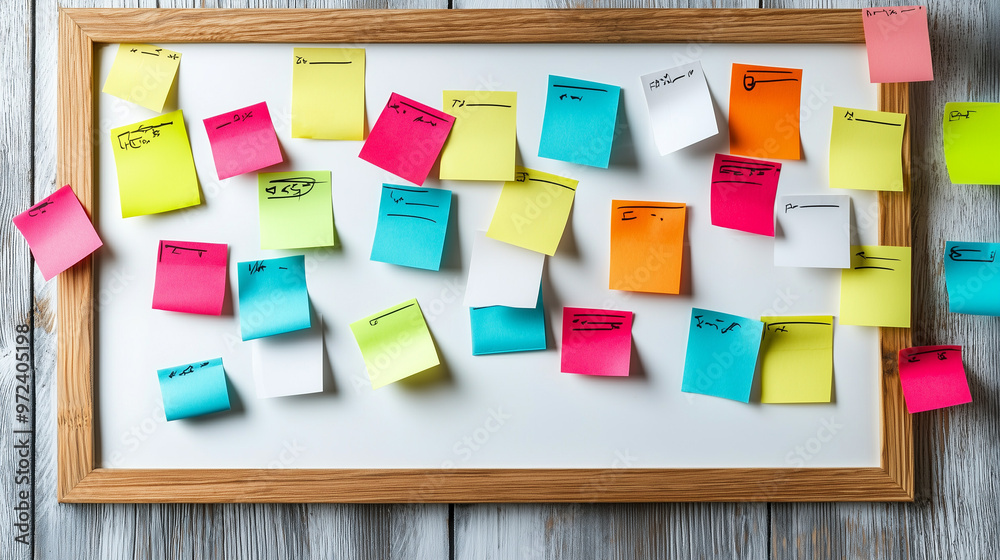 A creative business brainstorming session with sticky notes and mind ...