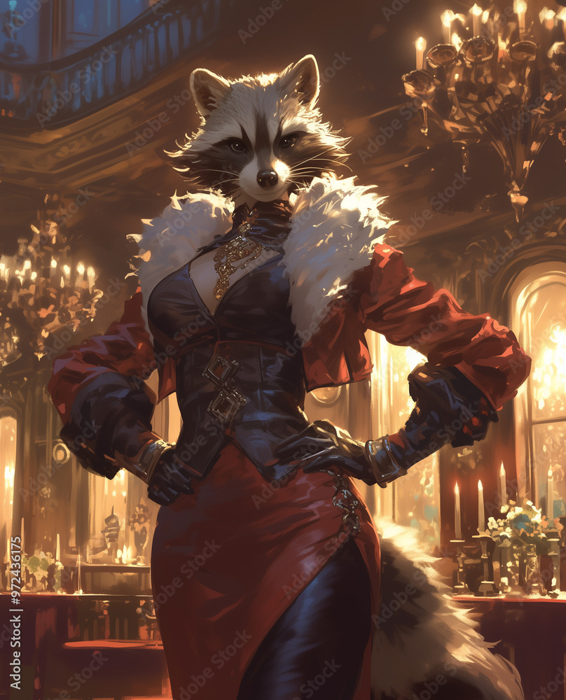 fierce raccoon beastfolk noblewoman dressed in a black and red gown in ...