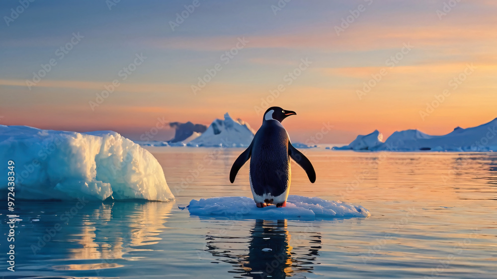 Realistic penguin standing along on icebarg with sea of melt ice in ...