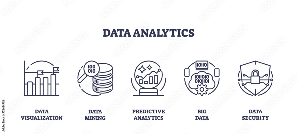 Data analytics and information management systems outline icons ...