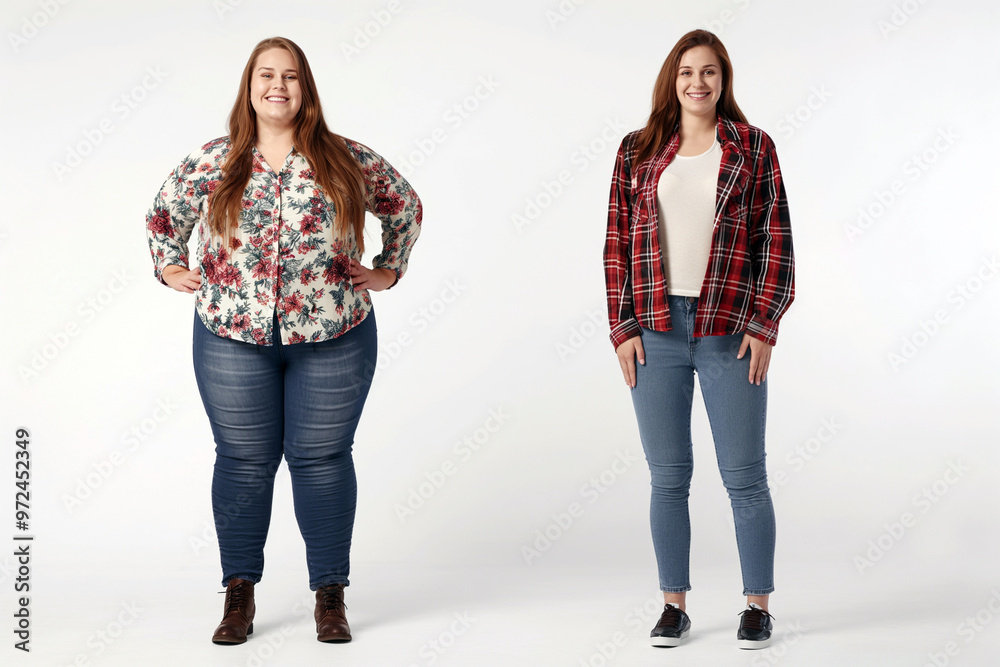 Woman posing before and after weight loss. Diet and healthy nutrition ...