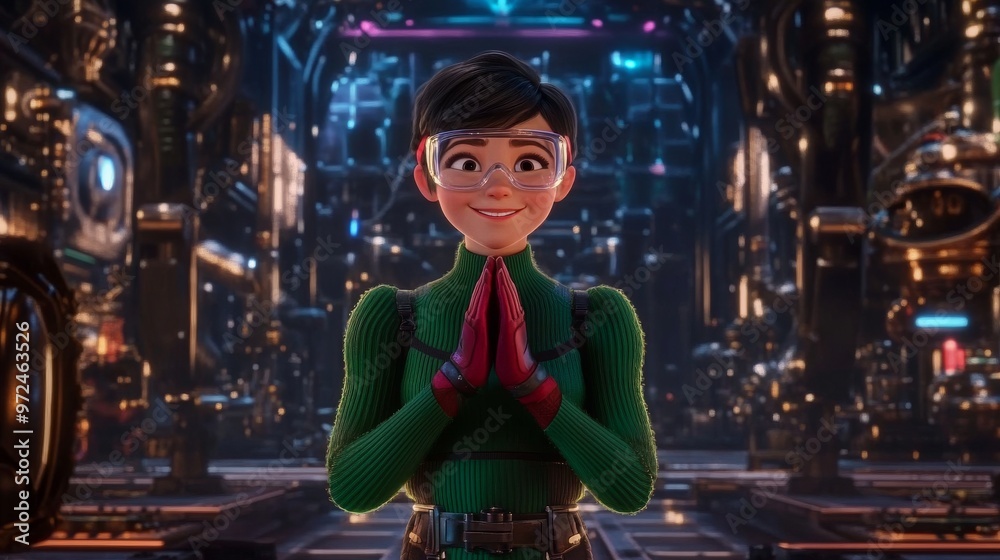 An animated 3D cartoon engineer with a bright smile and hands in a ...