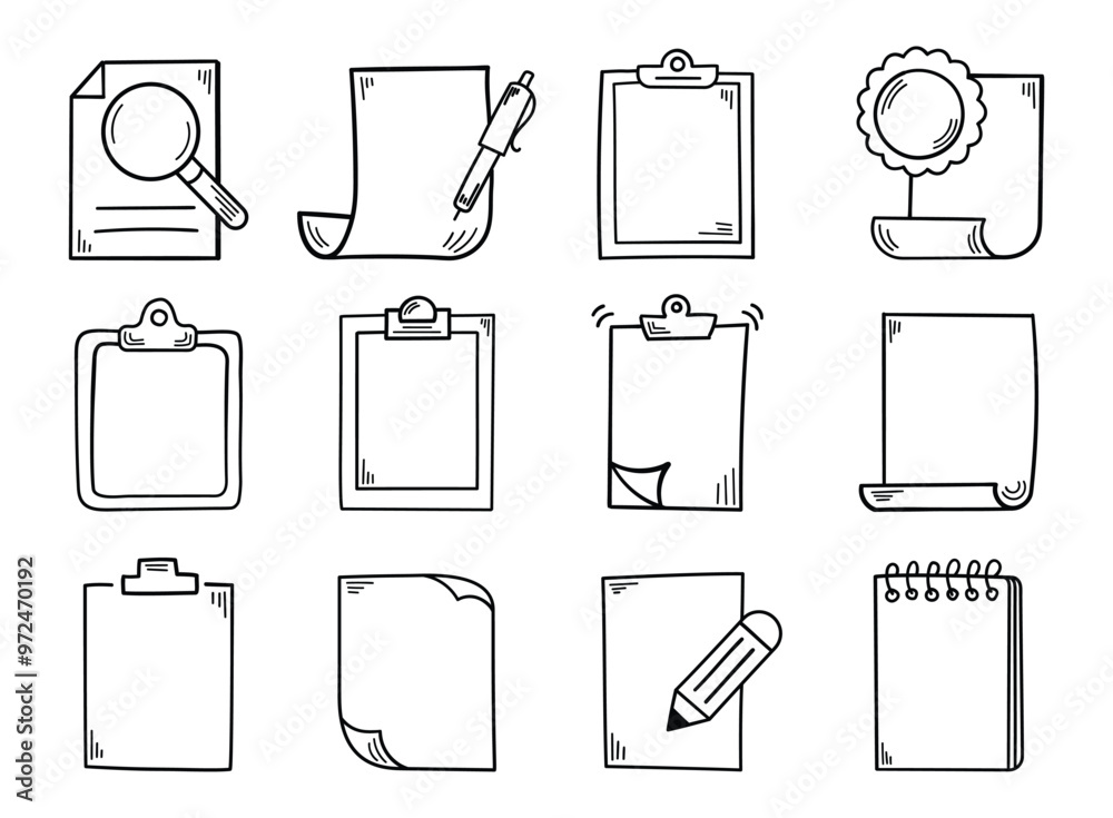 Hand drawn memo paper sheet icon set in flat style. Doodle sketch ...