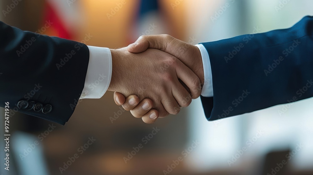 Politician shaking hands with a diplomat, flag decor, symbolizing ...