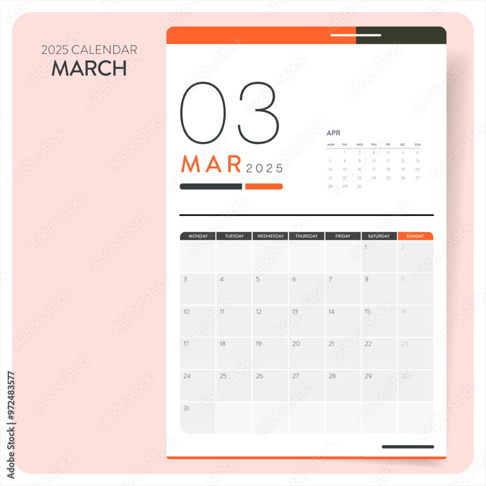 Calendar March 2025 template vector. Desk, wall calender for print ...