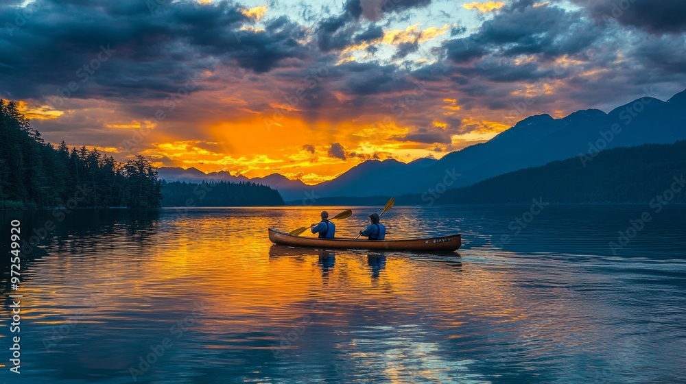 Friends canoe beneath a vibrant sunset, paddling across calm waters in ...