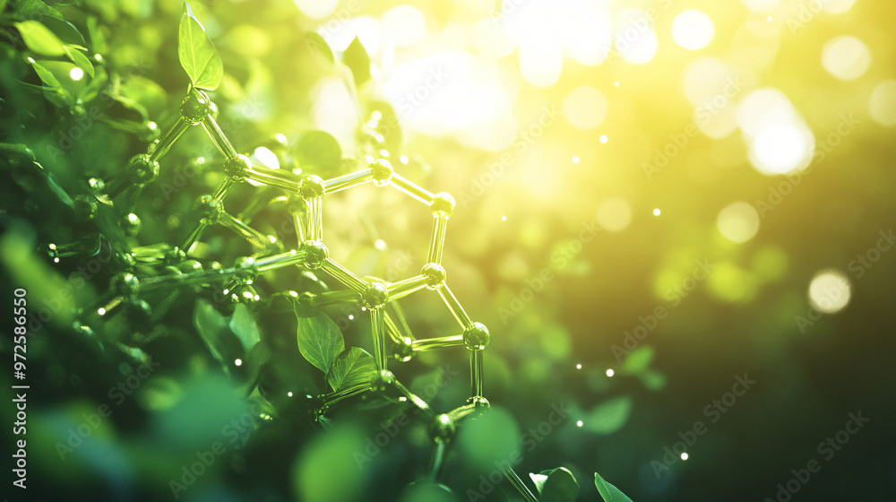 Molecule structure floats above plants in nature with the sun shining ...