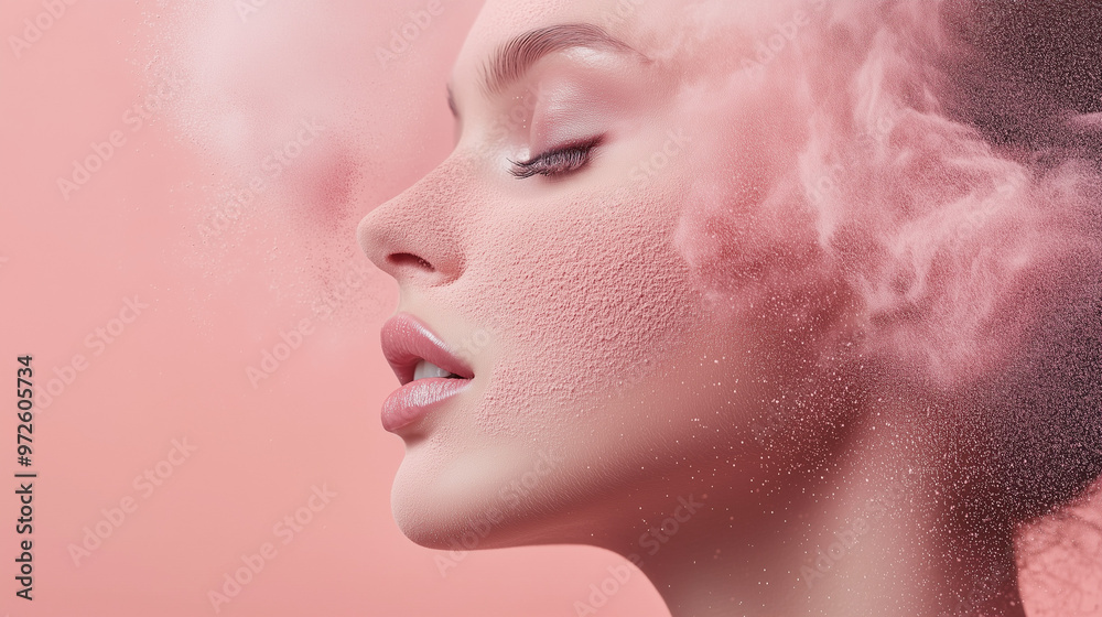 Beige and powder pink cosmetics on a model’s profile, highlighting ...