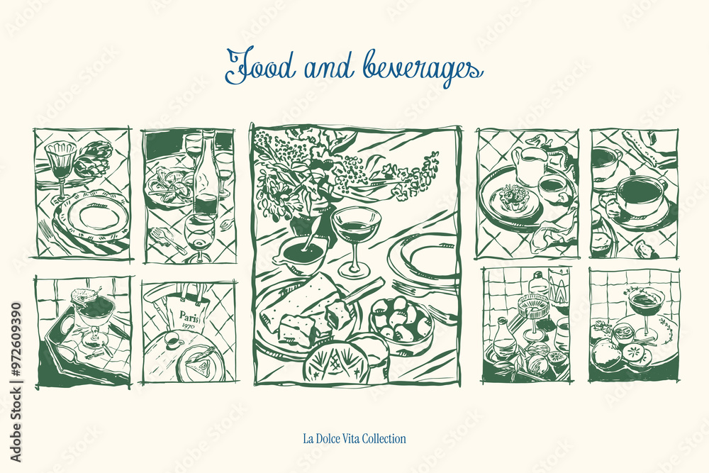 Vetor Minimalist hand drawn food and beverages vector illustration ...