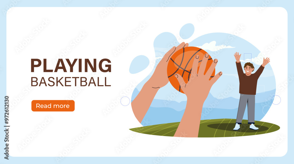 Playing basketball poster. Hands with ball. Friends playing basketball ...