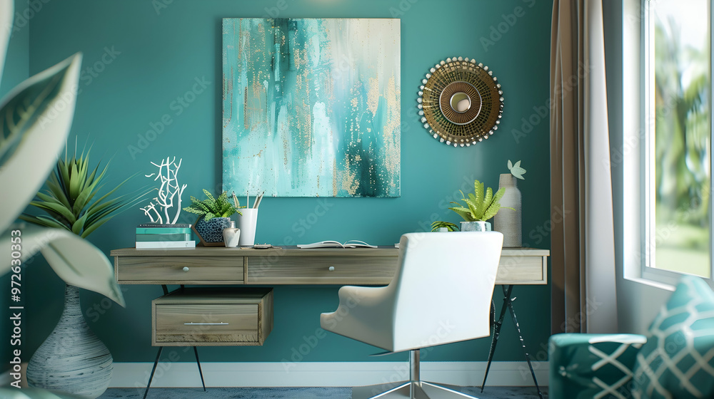 Teal Tranquil Oasis: A Zen-inspired desk with a floating desktop and an ...