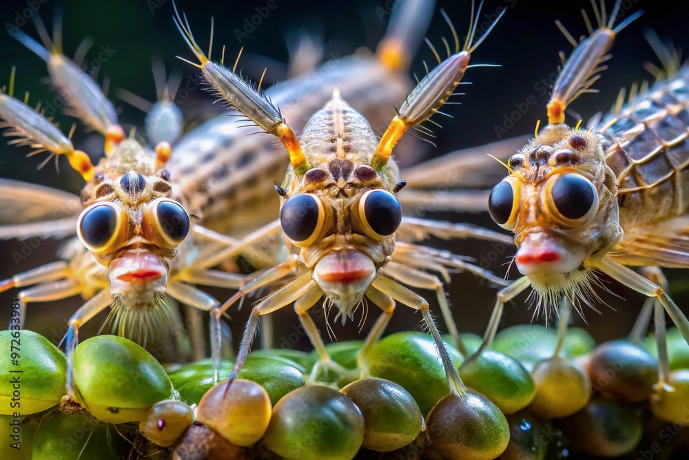 Microscopic close-up of fishfly larvae, also known as chironomid midges ...