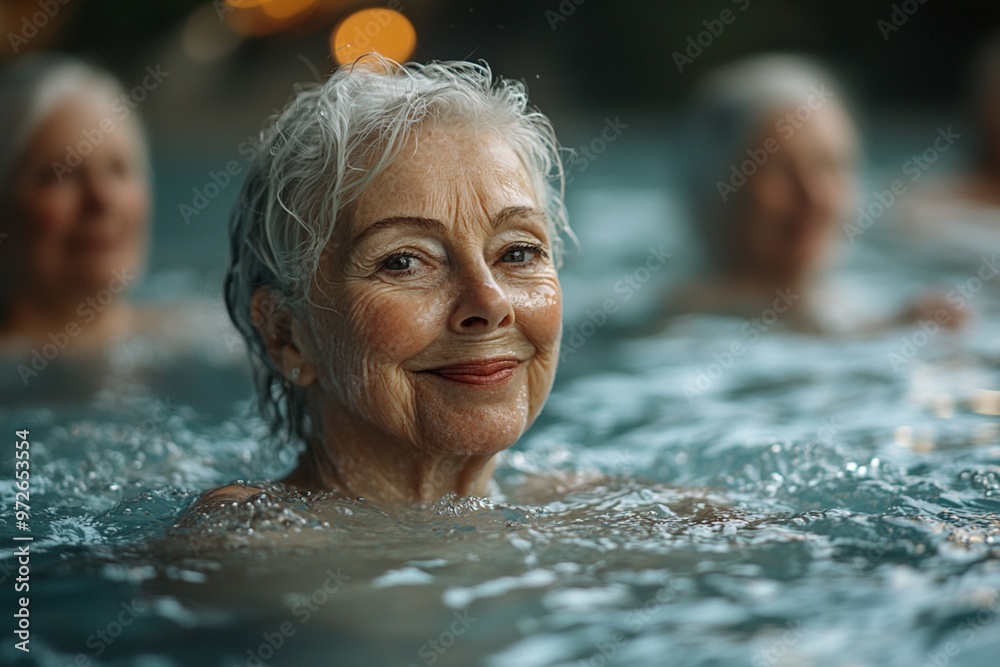 Group of elderly women having fun, water aerobics session in a swimming ...