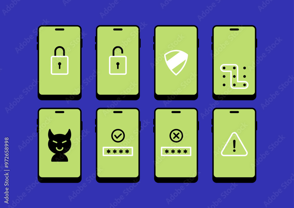 Isolated phone screen illustrations about security issues. Phone lock ... Isolated phone screen illustrations about security issues. Phone lock ...