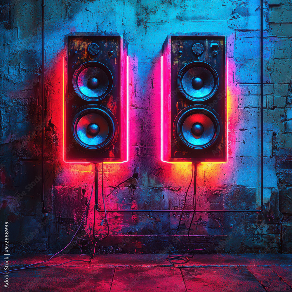 Artistic speakers in street art style with neon graffiti, placed ...