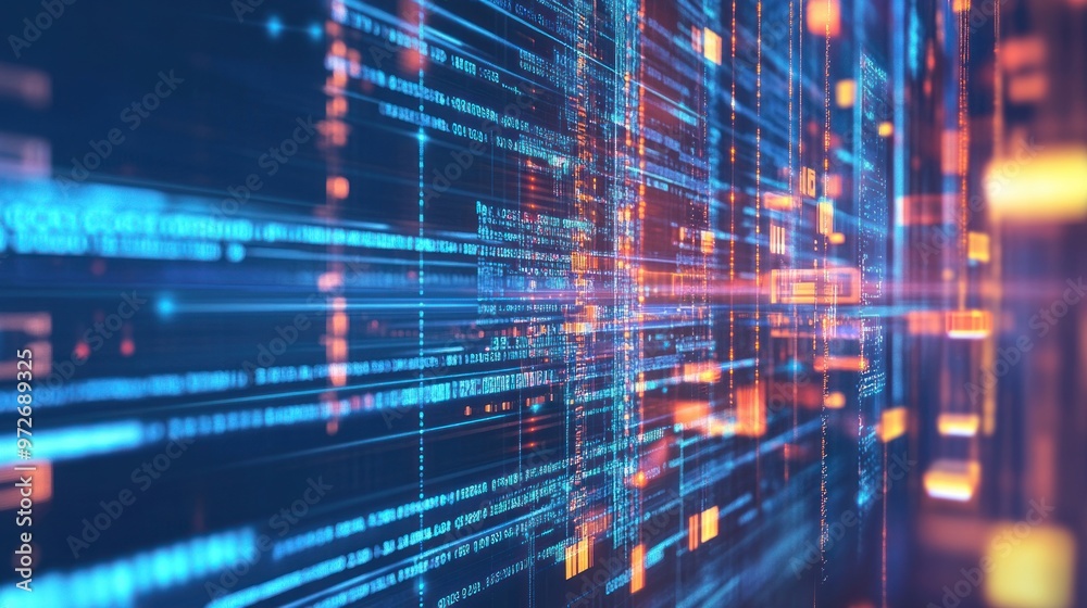 A background showing complex tech processes visualized as digital streams and data blocks moving ...