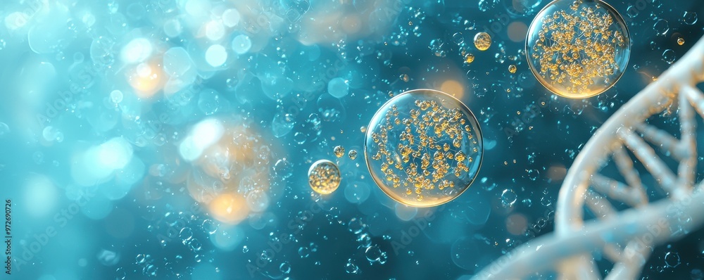 Abstract blue background with transparent bubbles and DNA strand for ...
