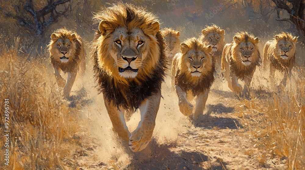 A powerful male lion strides ahead, leading a group of lions through ...