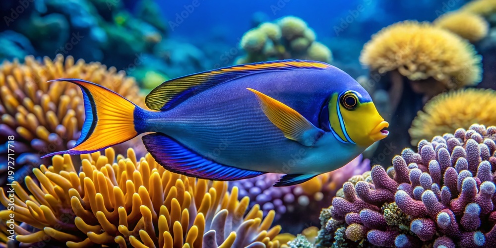Vibrant blue and yellow paracanthurus fish swims amidst coral reef's ...
