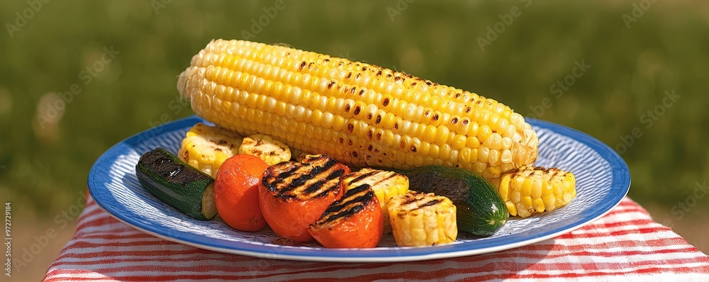 picnic table with an outdoor dinner spread, featuring grilled ...