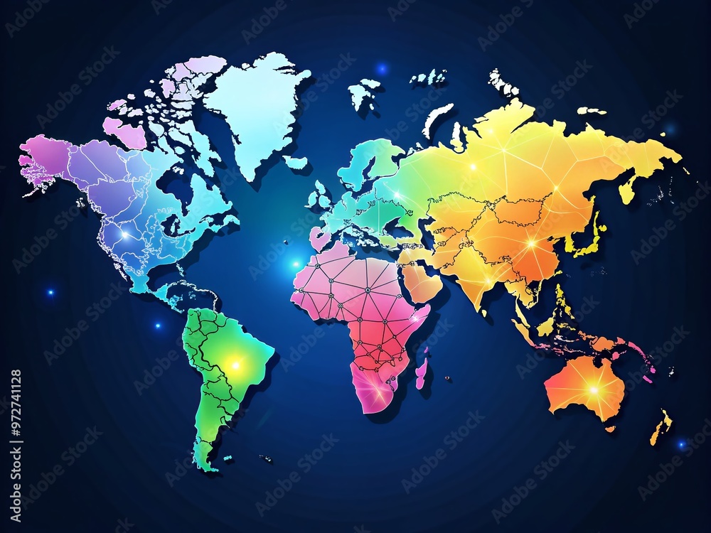 Vibrant, detailed world map showcasing 24 time zones, with colorful ...