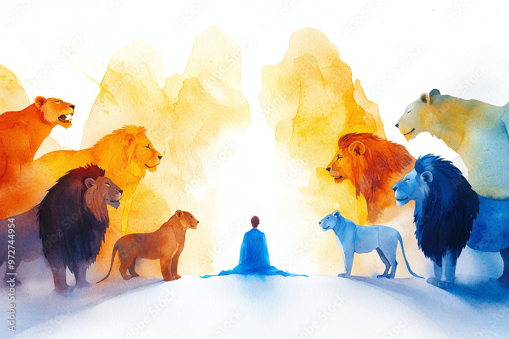 religious watercolor illustration of Daniel in the lions' den ...