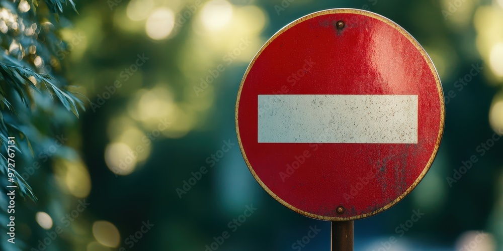 A clear no entry sign stands out against a blurred green background ...