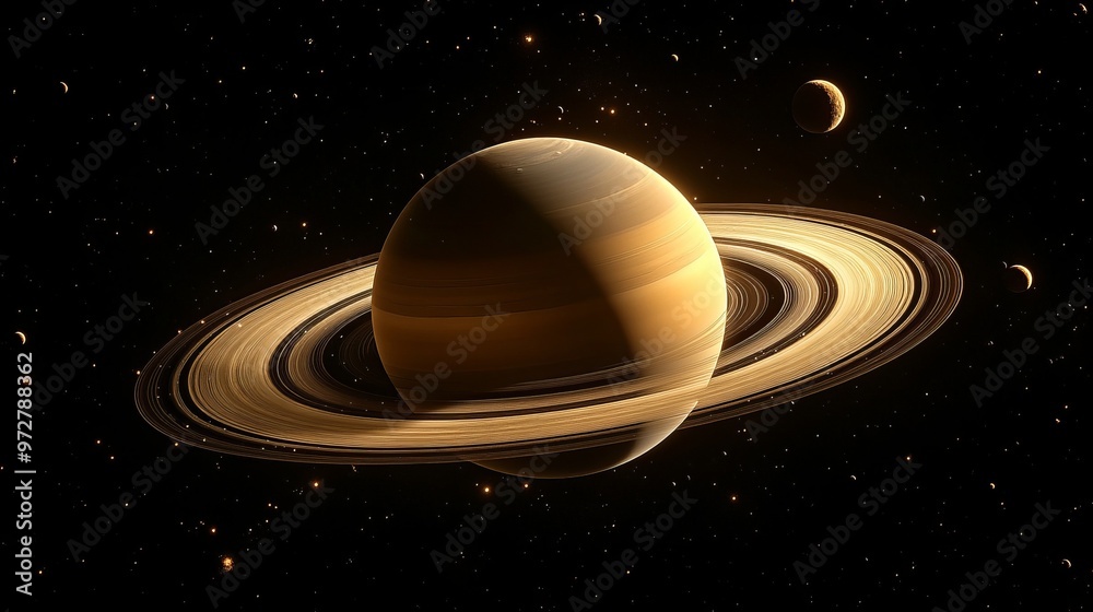 saturn planets in deep space with rings and moons surrounded. isolated ...