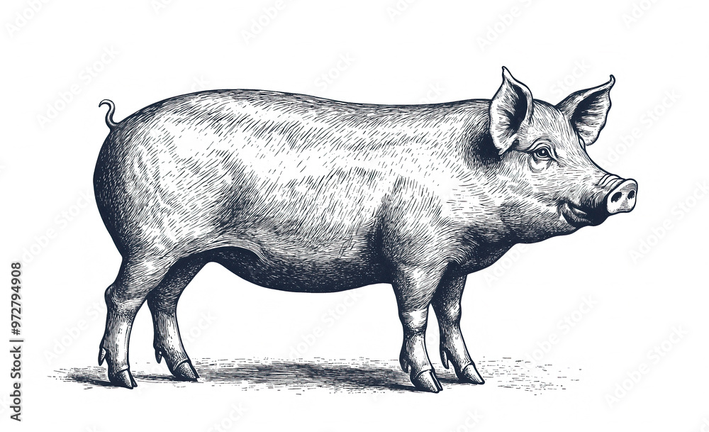 Pig, hog, boar. Vintage retro print, black white pig sketch ink pencil ...
