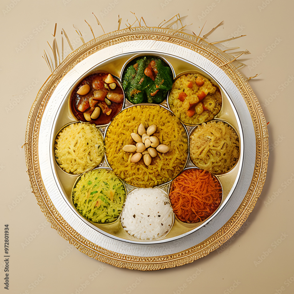 Onam Sadhya with rice on beige background. Traditional Indian food for ...