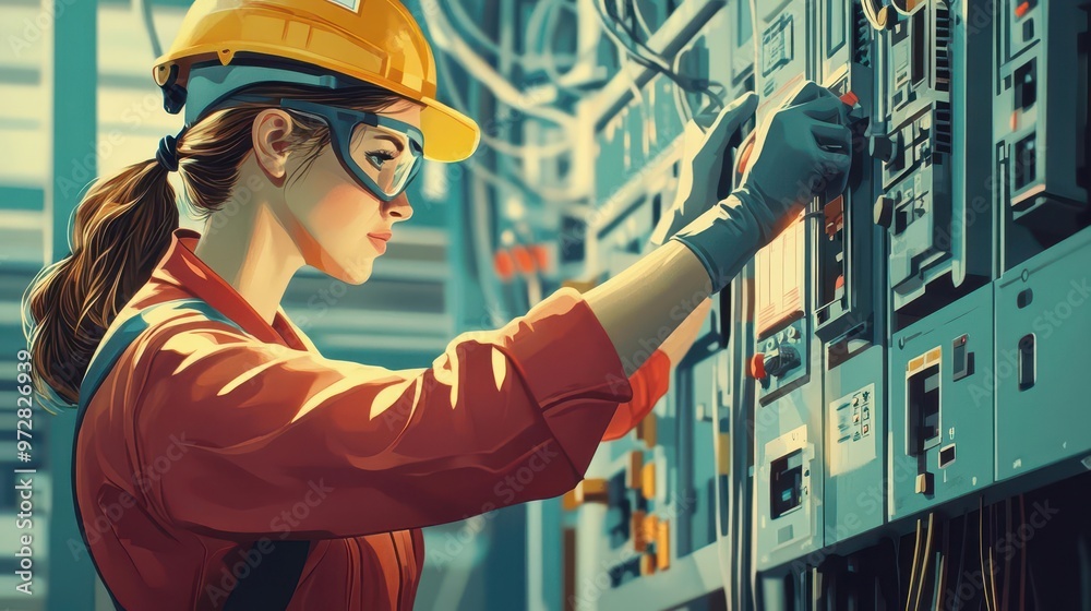 empowering illustration of a female electrician confidently working on ...