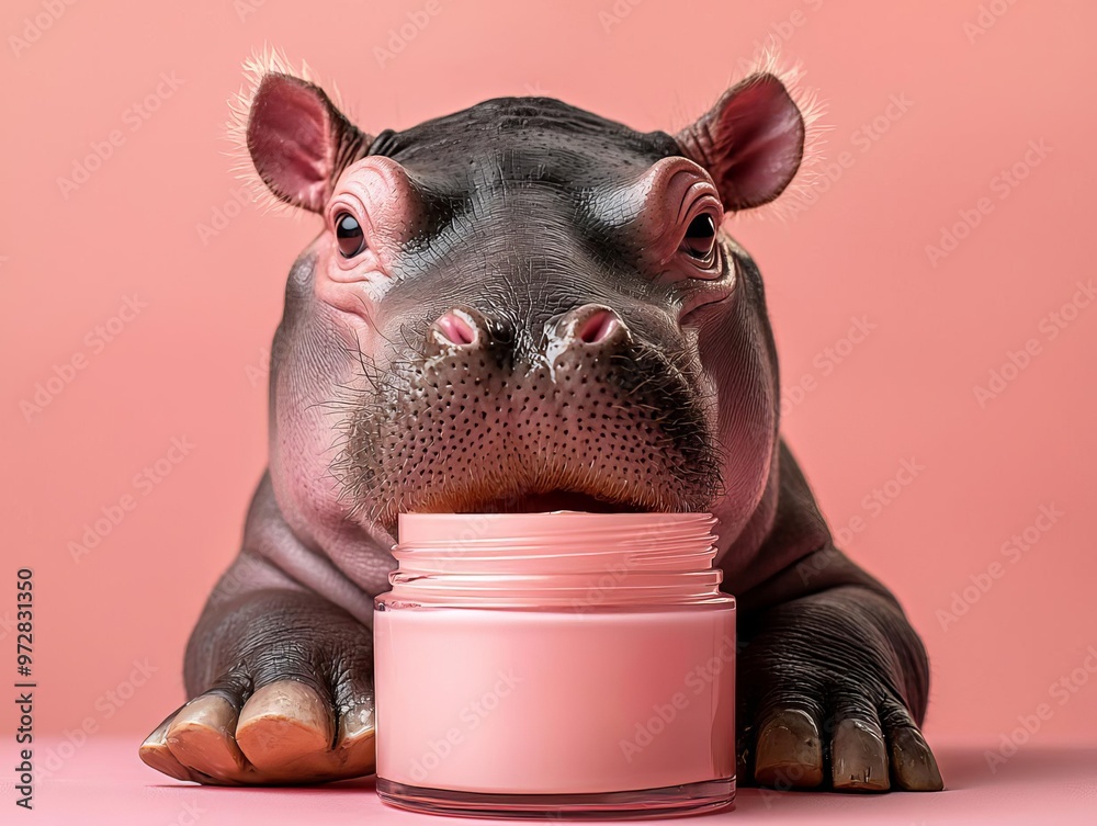 Stock-Illustration „Baby hippo dipping its snout into a jar of face ...