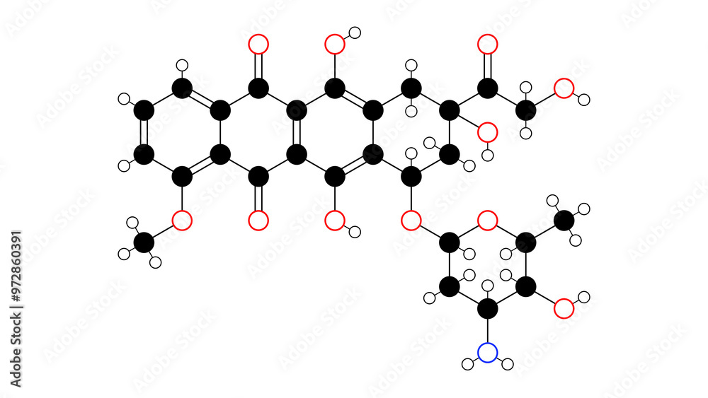 doxorubicin molecule, structural chemical formula, ball-and-stick model ...
