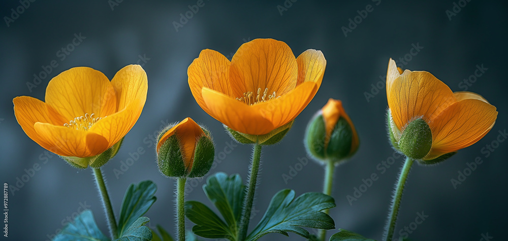 Yellow flowers in different stages of bloom, from bud to full bloom on ...