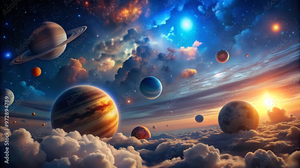 Cosmic beauty planets and celestial bodies float above clouds under a ...