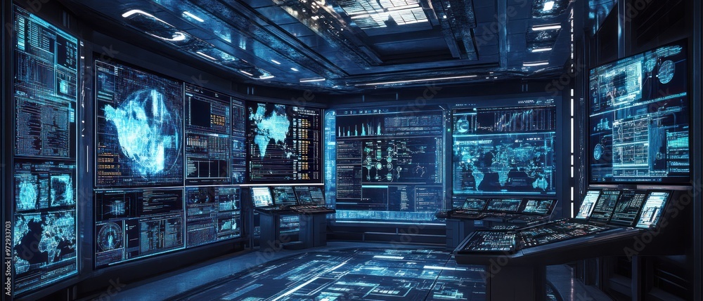 Security room Interior digital control cyber monitor displaying modern ...