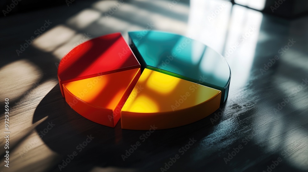 A detailed shot of a 3D pie chart with labeled segments and a shadow ...