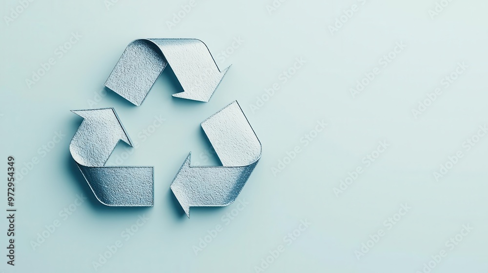 Modern recycle symbol in metallic silver, floating on a clean white ...