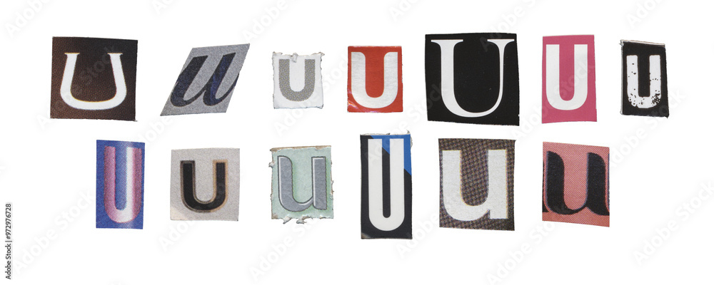 Set of isolated cut-out letter “U” from magazines on a transparent ...