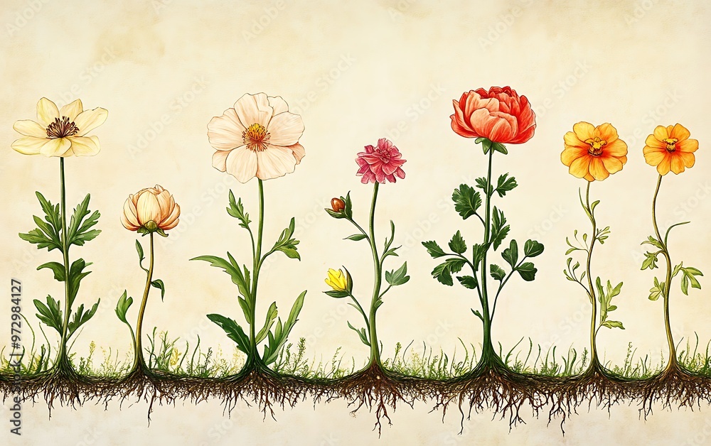 Blooming Journey: Whimsical Illustration of Flower Life Cycle from Seed ...