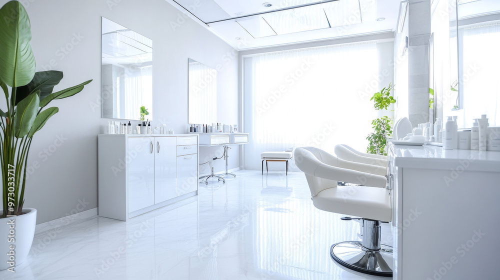 A clean, white beauty salon, is ready for clients. It's perfect for ...