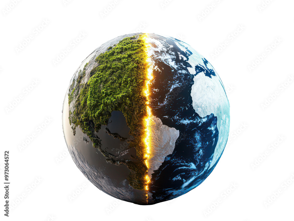 Earth divided between lush green landscapes and blue ocean waters ...