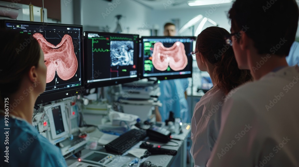 An endoscopy procedure in progress, with the medical team focused on ...