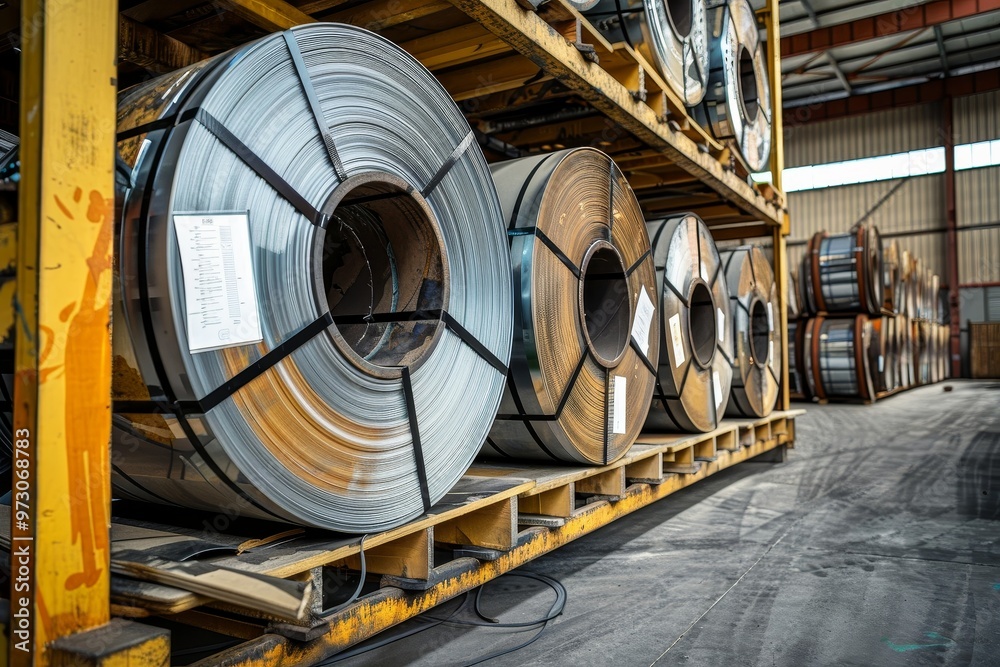 Coils of steel are meticulously arranged on wooden pallets within a ...
