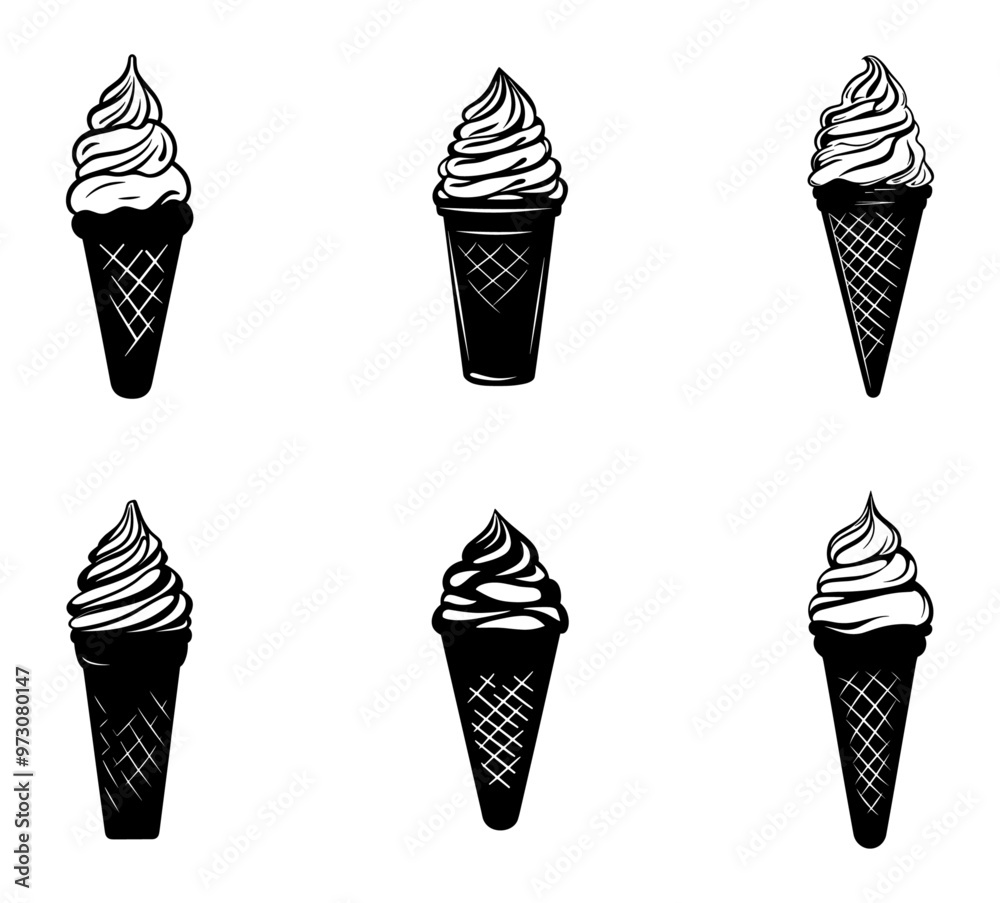 Ice cream cone silhouettes set, various cold desserts with and without ...