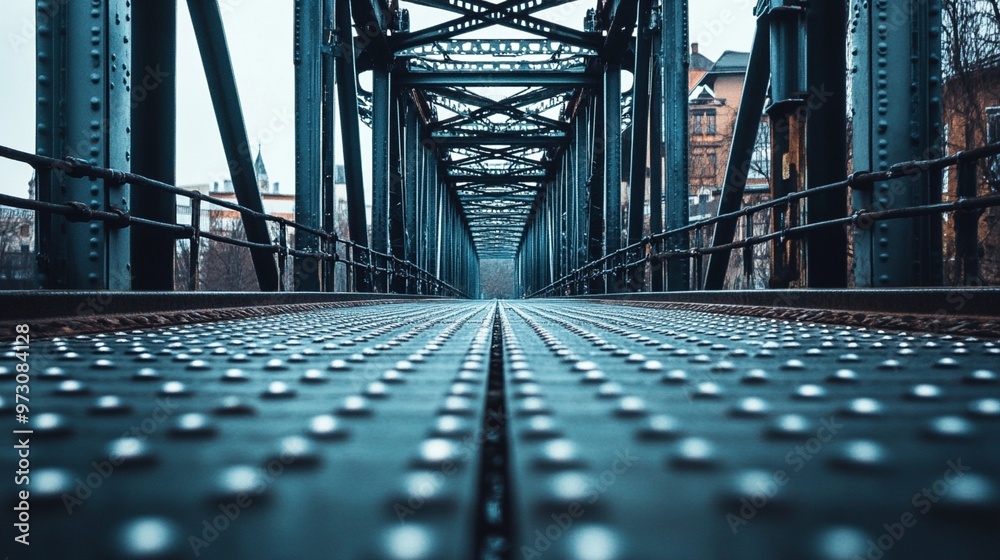 Symmetrical steel bridge structure stretches into the distance, its ...