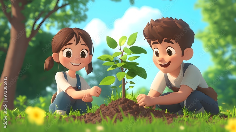 Teacher and students planting a tree together, symbolizing growth and ...