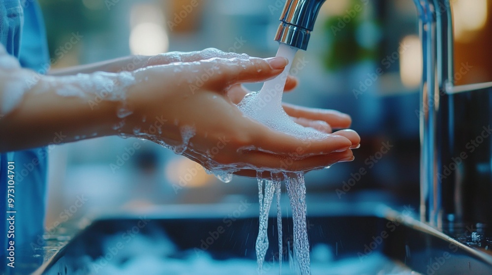 Hands cupped under flowing tap water, capturing the essence of ...
