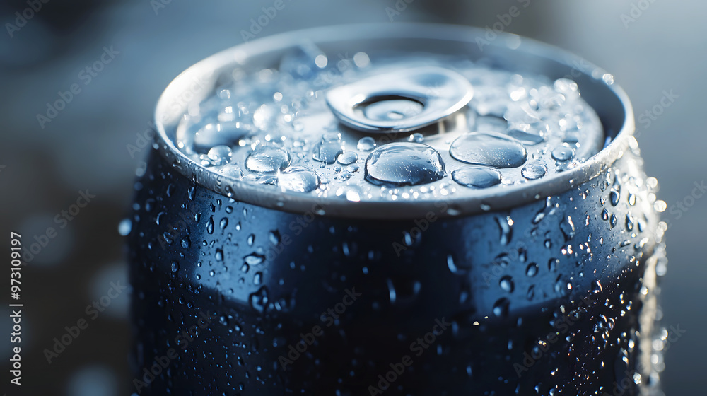 chilled soda can with a focus on droplets of condensation dripping off ...