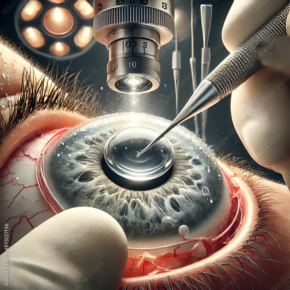 Eye anatomy: 3D process of cataract surgery. surgeon using small tool ...